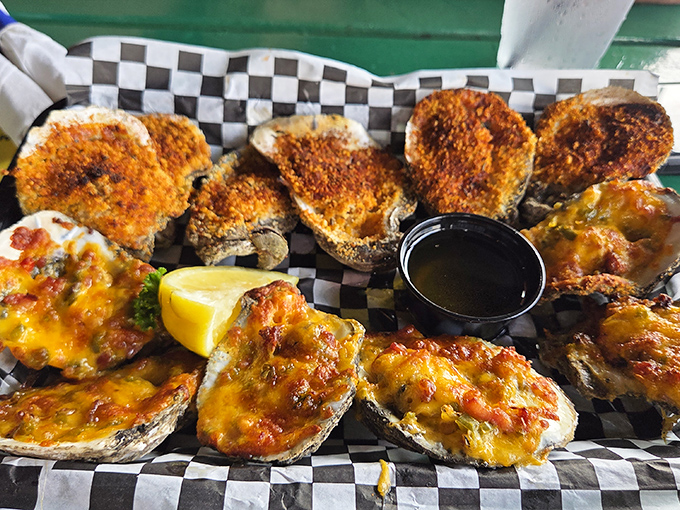 Oysters two ways&mdash;broiled with parmesan and baked with cheese. Like choosing between vacation days, there's no wrong answer here.