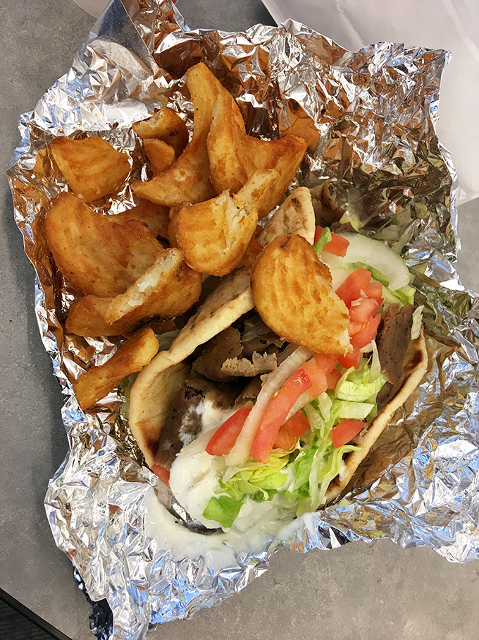 The legendary Philly Steak Gyro in all its glory. This foil-wrapped masterpiece of cultural fusion might just be worth driving across state lines for.