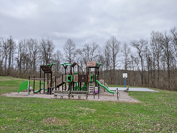 Even playground equipment looks more adventurous against the backdrop of Paint Creek's leafless winter woods &ndash; nature's waiting room before spring's grand entrance.