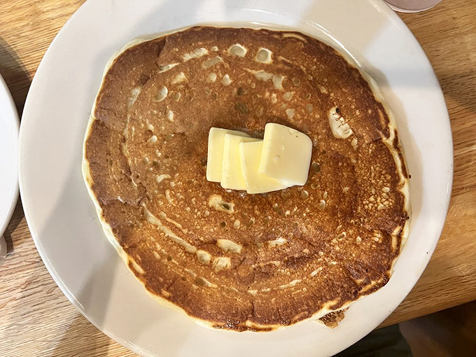 Behold the hotcake in its natural habitat: golden-brown, butter-crowned, and ready to absorb approximately half a bottle of syrup.