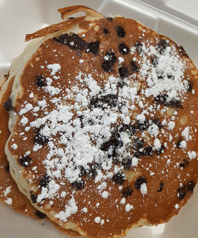 These chocolate chip pancakes aren't just breakfast, they're edible therapy &ndash; golden-brown perfection dusted with powdered sugar that melts worries away.