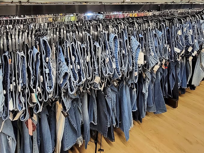 Denim heaven isn't a myth&mdash;it's this wall of perfectly organized jeans. Finding your unicorn pair just became the easiest treasure hunt ever.
