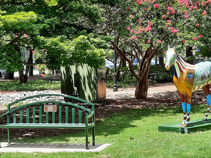 Whimsical art meets Southern hospitality in Aiken's parks, where painted horses celebrate the town's equestrian heritage with a colorful twist.