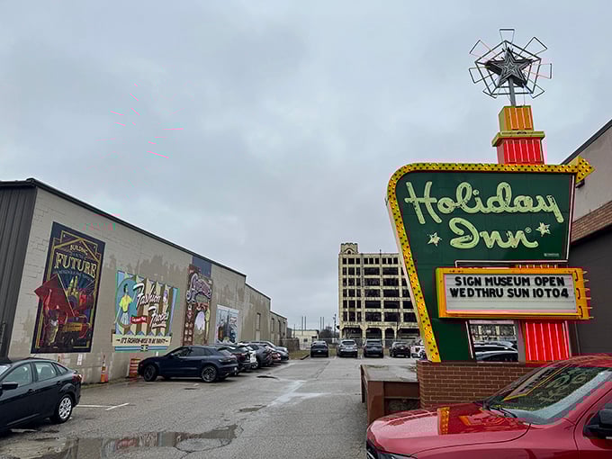 Step into a neon-lit Main Street from yesteryear, where Howard Johnson's and other vintage brands still beckon with their electric glow.