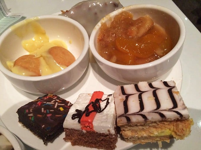 Dessert heaven on a plate! The famous peach cobbler (right) steals the show alongside other sweet treats that tempt even the most disciplined diners.