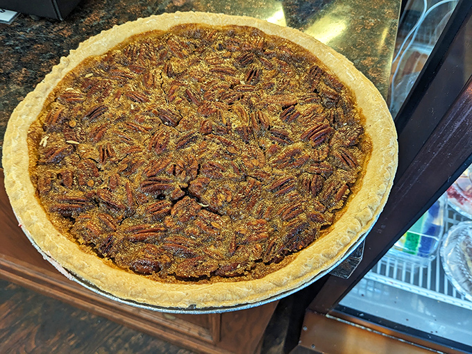 Pecan pie that would make your grandmother both jealous and proud. Those perfectly arranged nuts create a mosaic of sweet, buttery bliss.