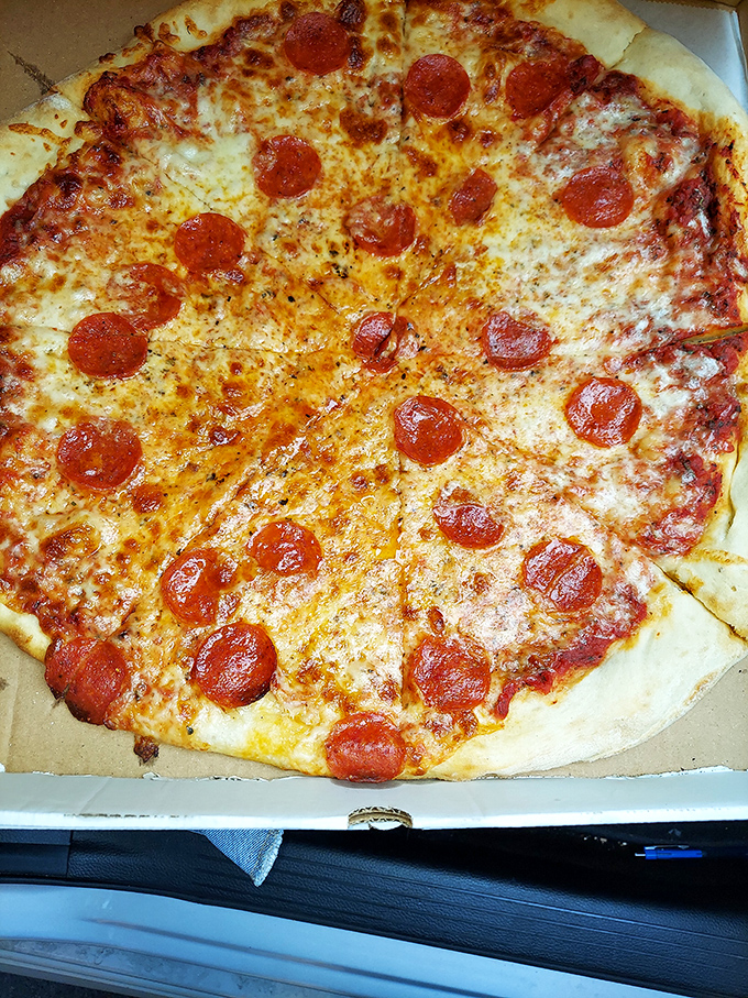 Pepperoni pizza perfection that doesn't need a filter. Each slice is a masterclass in the art of proper topping distribution.