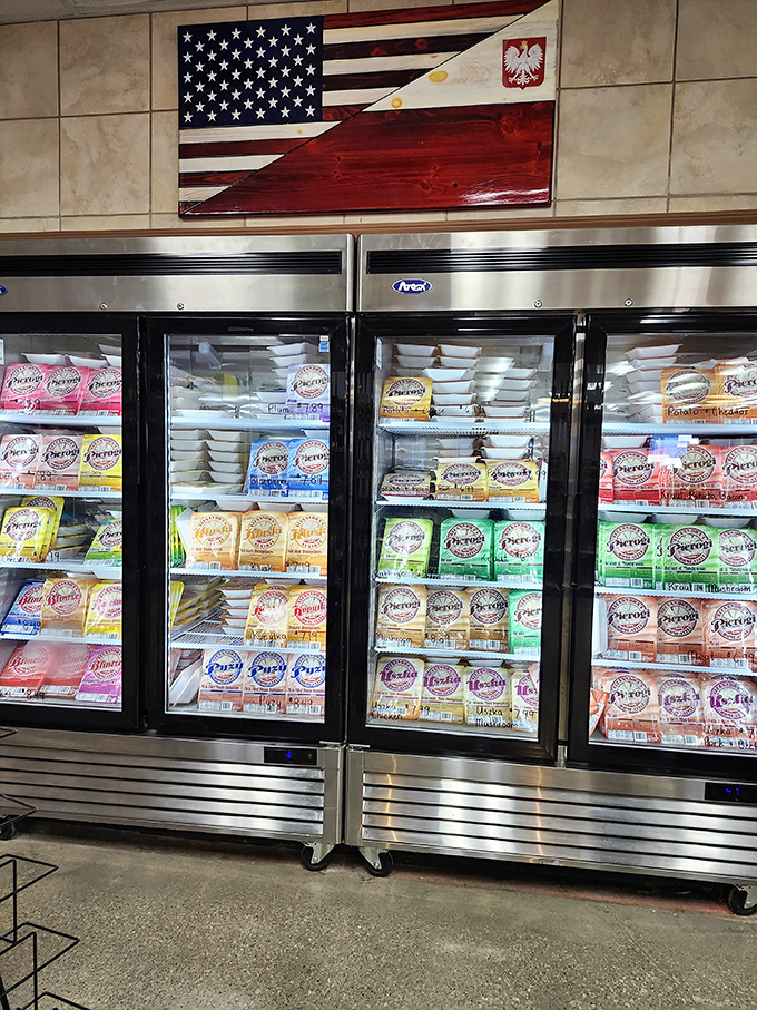 A freezer full of pierogi varieties that would make your babcia proud. The potato and cheese ones are calling your name!