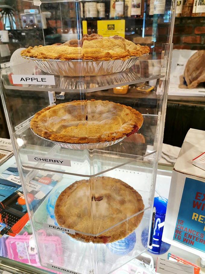 Pie heaven exists in a clear display case. Apple, cherry, and peach wait patiently for their moment of glory on your plate.