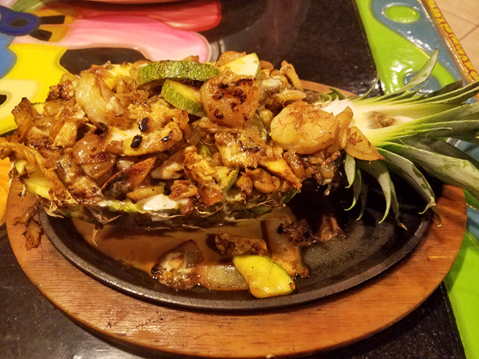 Behold the pineapple fajitas: where tropical sweetness meets savory perfection on a sizzling cast iron stage.