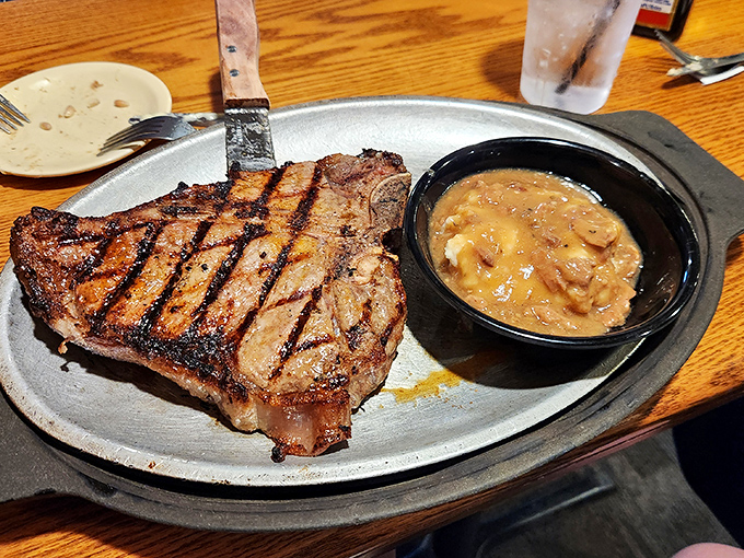 A perfectly grilled Porterhouse with mushroom gravy that's not just a meal, but a life event. This is what beef aspires to become.