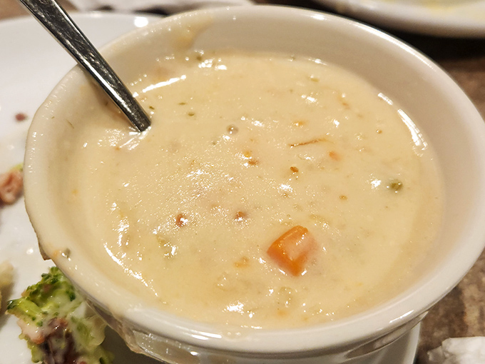 Behold the legendary potato soup in all its creamy glory! Chunks of tender potato swimming in velvety broth&mdash;this isn't just soup, it's a warm hug in a bowl.