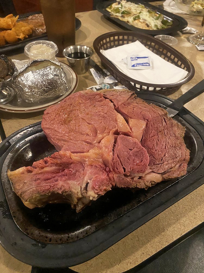 Prime rib so perfectly cooked it should have its own Instagram account. This magnificent cut extends beyond the plate's borders&mdash;a delicious geography lesson.