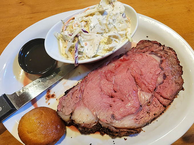 Behold the star of our show: prime rib so perfectly pink it makes vegetarians question their life choices.