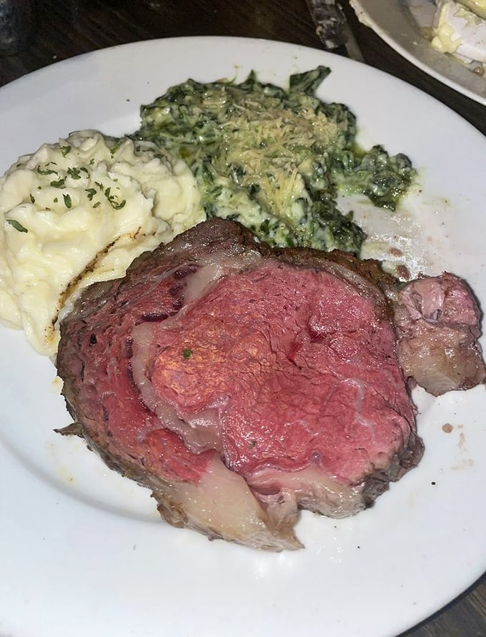 Prime rib perfection&mdash;a rosy center surrounded by a savory crust, flanked by creamy mashed potatoes and spinach that would make Popeye weep with joy.