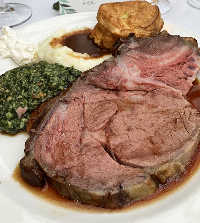 This isn't just prime rib&mdash;it's a masterpiece of meat, accompanied by its faithful sidekicks: Yorkshire pudding, creamed spinach, and au jus.