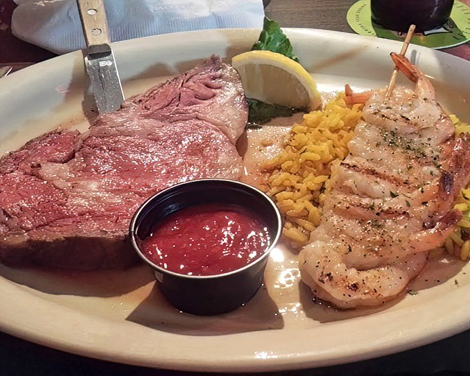 The star of the show: prime rib paired with perfectly grilled shrimp. This plate doesn't need fancy garnishes &ndash; it lets the quality of the meat do all the talking.