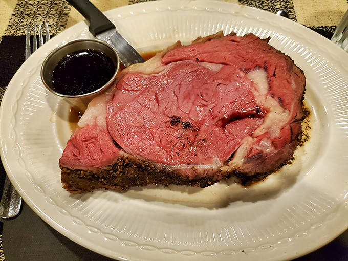 Behold the star of the show&mdash;prime rib so perfectly pink it should have its own Instagram account. Served with au jus for necessary meat-dipping rituals.