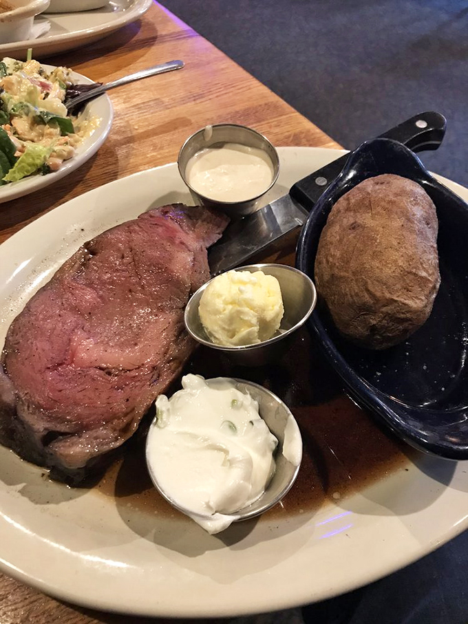 The star of the show: prime rib cooked to that perfect shade of pink. Horseradish cream and au jus standing by for their supporting roles.