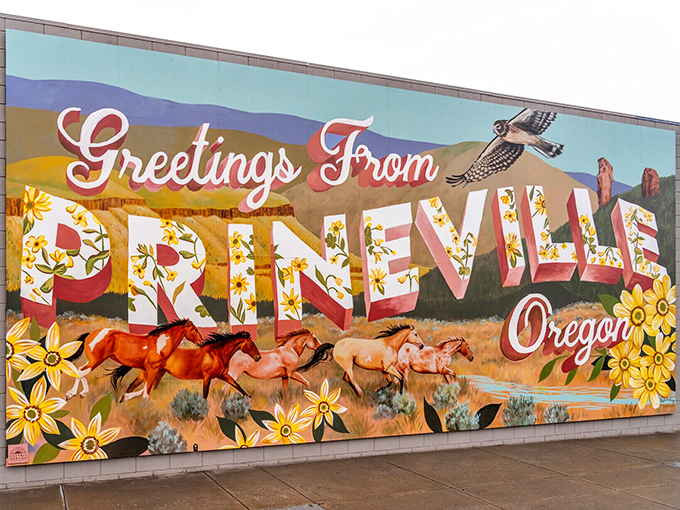 Local art celebrates wild horses and local pride with vintage postcard perfection.