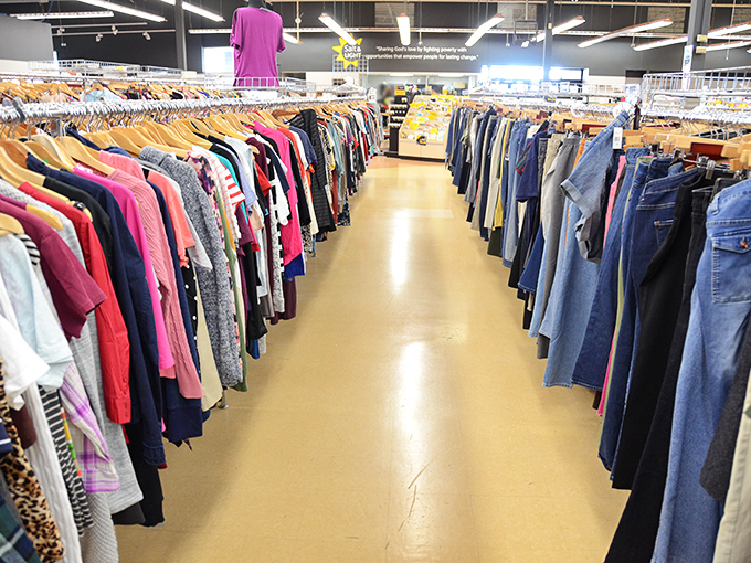 Organized chaos never looked so good&mdash;clothing aisles create a rainbow road of possibilities where your next favorite outfit patiently waits.