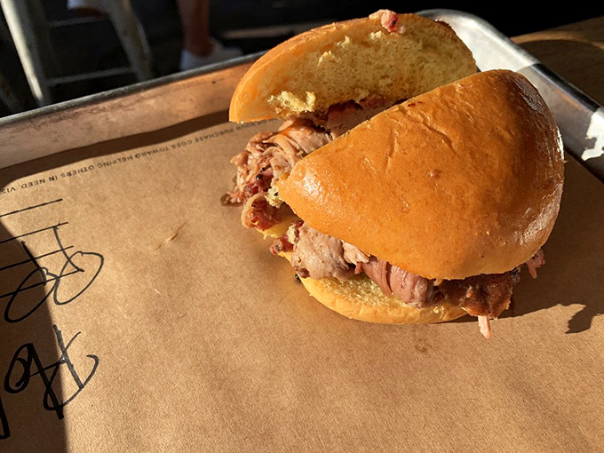 The pulled pork sandwich arrives like a meaty masterpiece on a humble bun, no fancy garnishes needed when the star of the show performs this well.