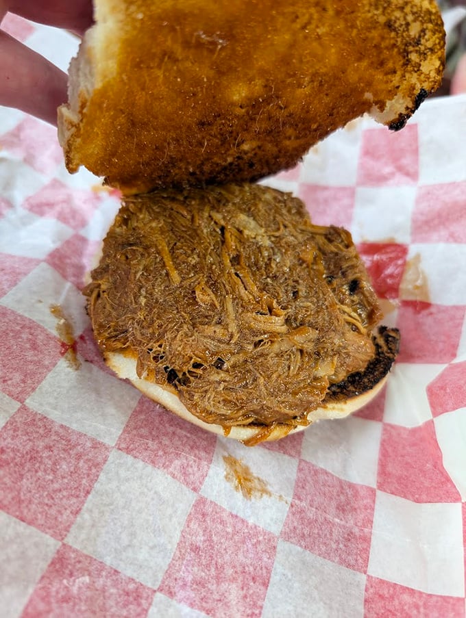 The star of the show—pulled pork so tender it practically surrenders at the sight of your fork. That checkered paper has cradled more culinary happiness than a therapist's couch.