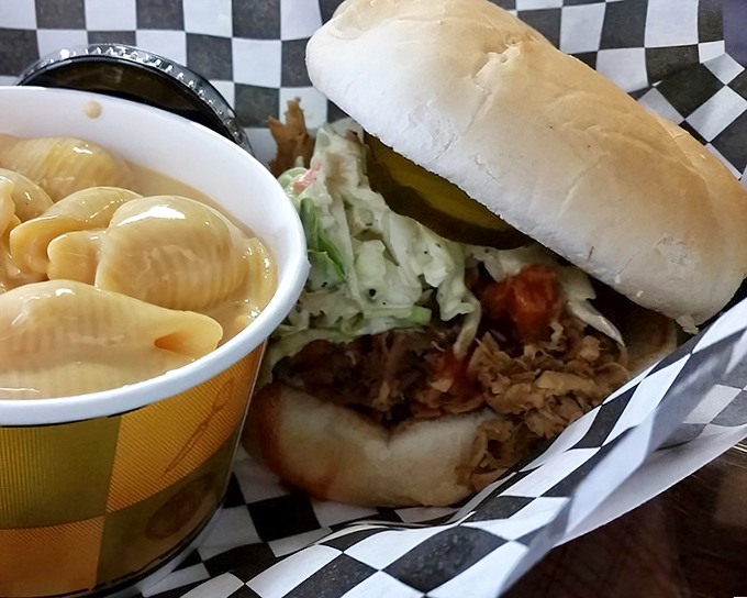 This isn't just a pulled pork sandwich; it's a masterclass in texture &ndash; tender meat, creamy slaw, and mac and cheese that would make your grandma jealous.