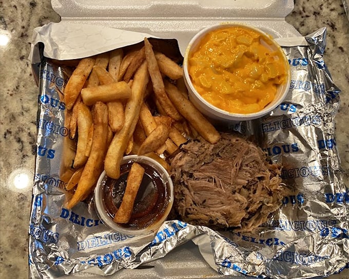 Pulled pork that doesn't need a fancy plate to impress. That mac and cheese is the color that comfort would be if comfort were visible.