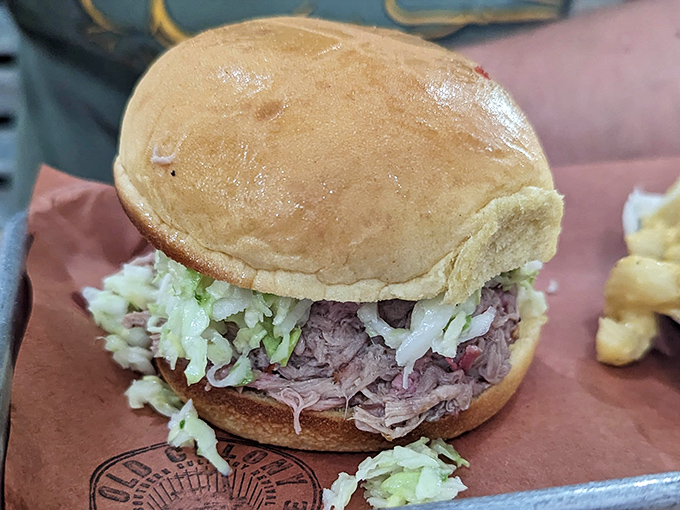 Behold the pulled pork masterpiece that's causing all the fuss &ndash; tender, juicy perfection nestled in a perfect bun.