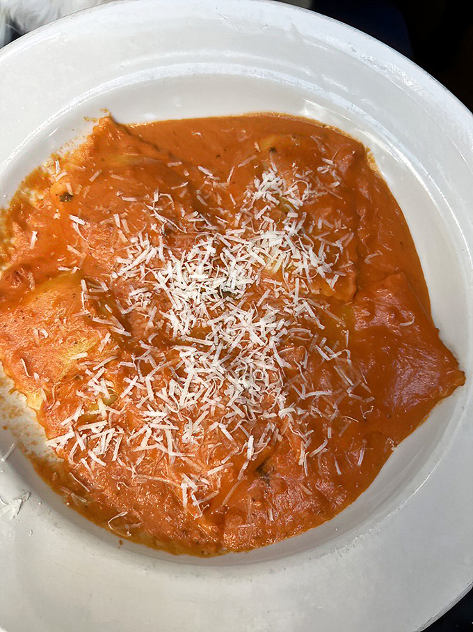 This ravioli could make a grown person weep tears of joy &ndash; perfectly plump pasta pillows in tomato cream heaven.