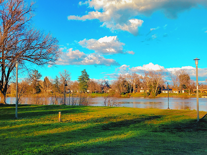 The Sacramento River creates Red Bluff's picturesque backdrop, where golden hour transforms ordinary parkland into a scene worthy of a California tourism brochure.