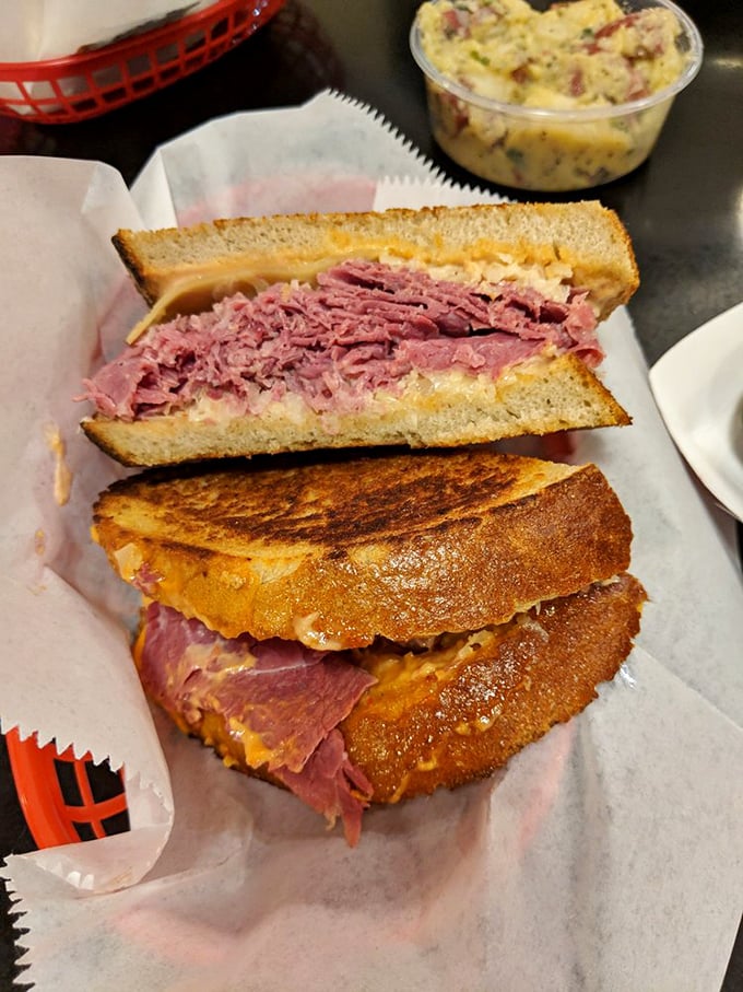 Not so much a sandwich as an engineering marvel &ndash; layers of pink corned beef creating what can only be described as meat architecture.