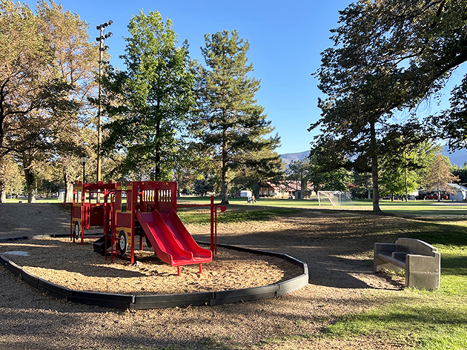 Riverside Park's playground sits like a cheerful red exclamation point amid towering pines&mdash;childhood joy served with a side of mountain-fresh air.