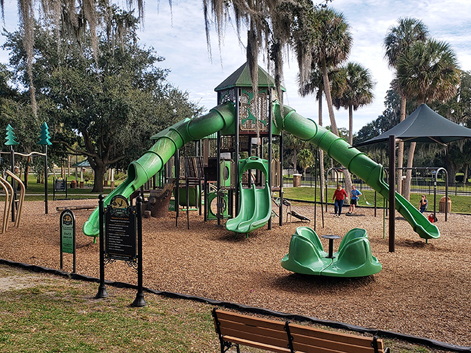 This playground at Rogers Park proves that childhood joy hasn't been completely replaced by screens&mdash;those green slides practically beg for multigenerational giggling.