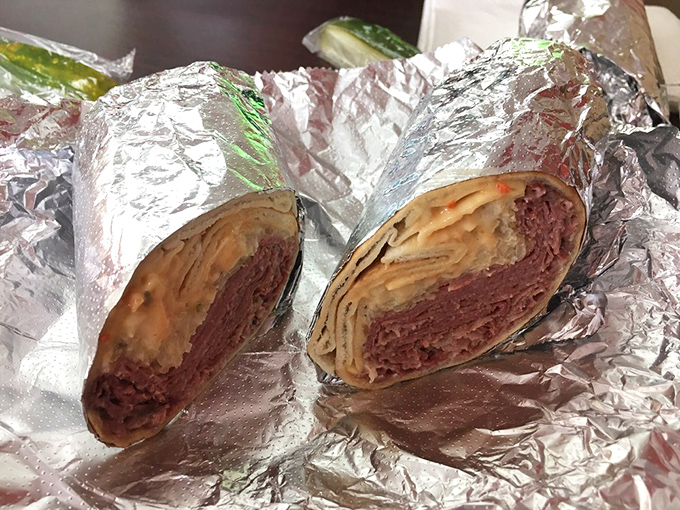 Behold the star of our show&mdash;layers of corned beef, sauerkraut, and Swiss cheese wrapped in warm flatbread. Poetry you can eat.