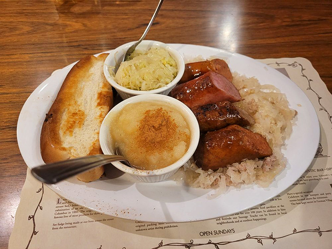 A sausage sampler that answers the eternal question: "Why choose one when you can have three?" Served with sauerkraut that actually deserves respect.