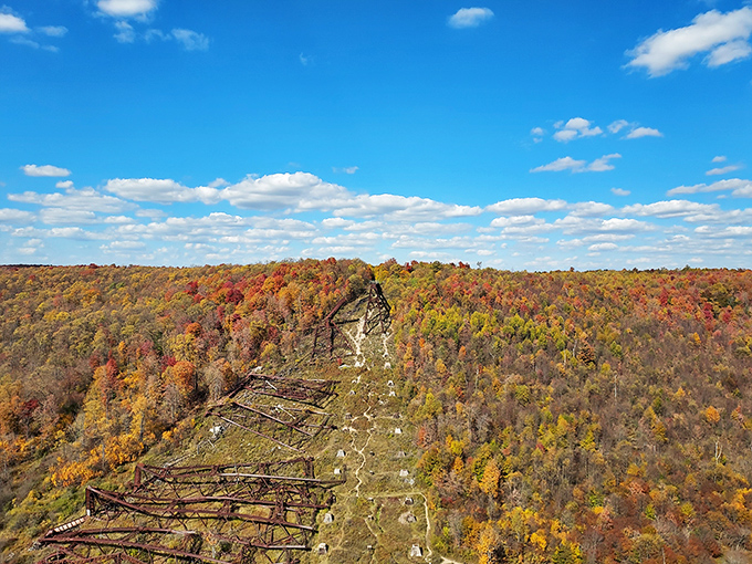 Nature's masterpiece on full display. The collapsed portion of the bridge creates a striking contrast against the vibrant autumn palette of the surrounding forest.