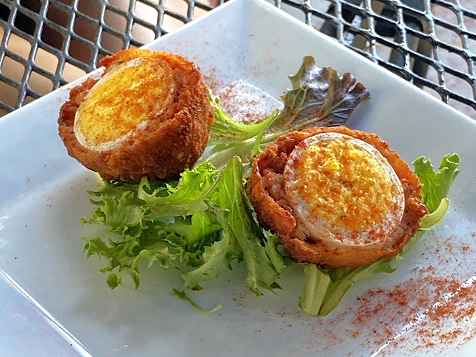 Scotch eggs: Hard-boiled perfection wrapped in sausage, breaded, and fried. Britain's greatest contribution to handheld food since the sandwich.