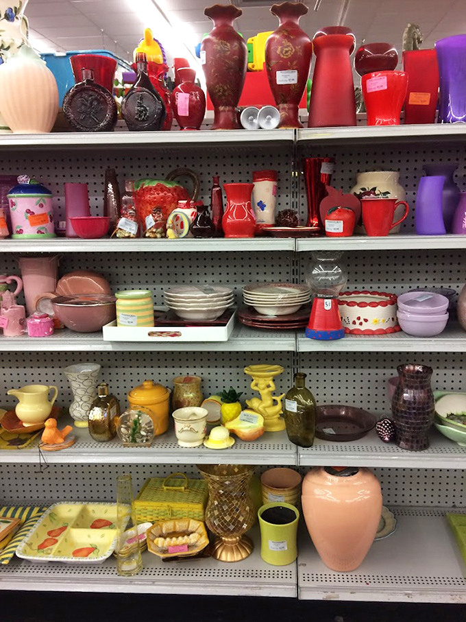 A rainbow explosion of home d&eacute;cor! From kitschy strawberry pitchers to elegant vases, someone's former treasures await adoption.