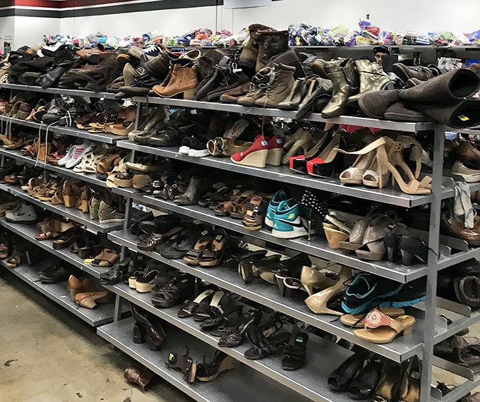 The shoe section resembles an archaeological dig through decades of footwear fashion &ndash; each shelf a different stratum of style history.