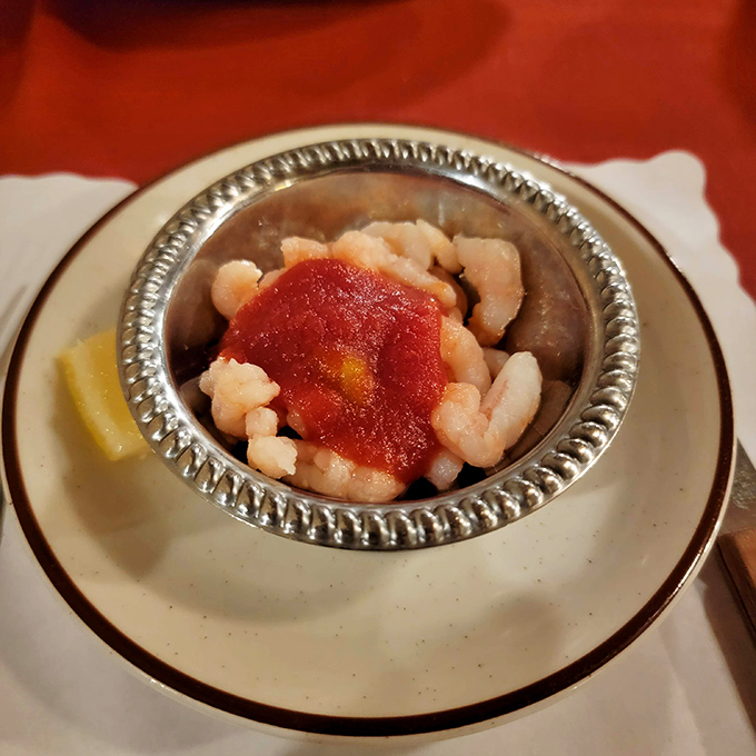 The legendary shrimp cocktail arrives like jewelry in a silver chalice&mdash;plump, pristine shrimp surrounding a dollop of zesty cocktail sauce.