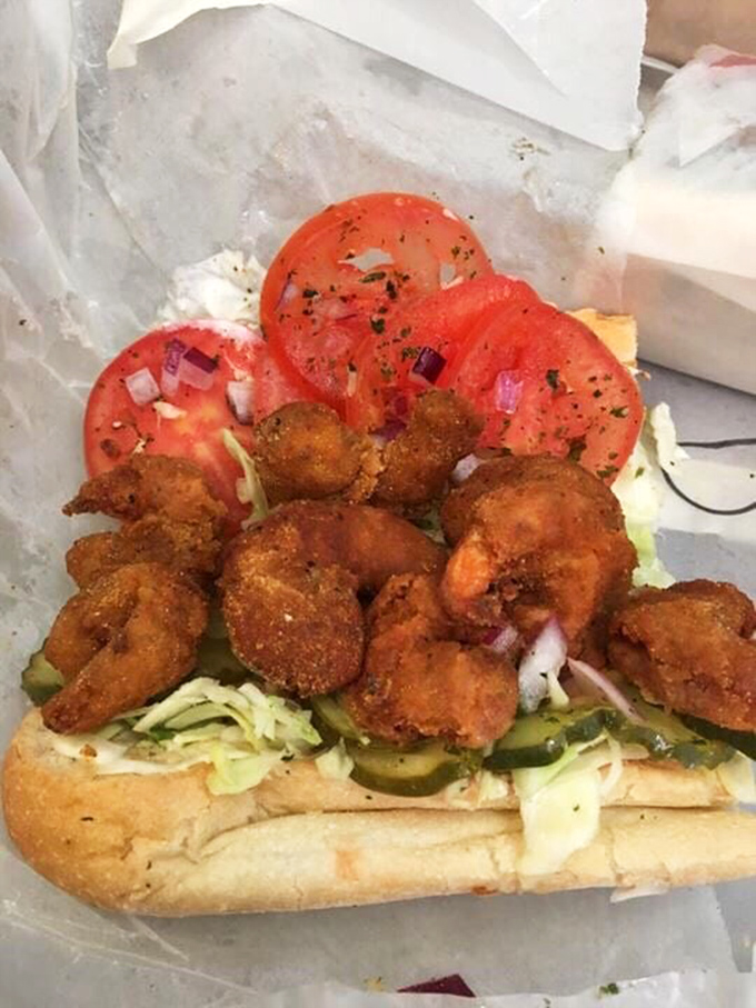Golden-fried shrimp piled high on French bread with all the fixings. This isn't just a sandwich&mdash;it's edible jazz, a symphony of crunch and tenderness. 
