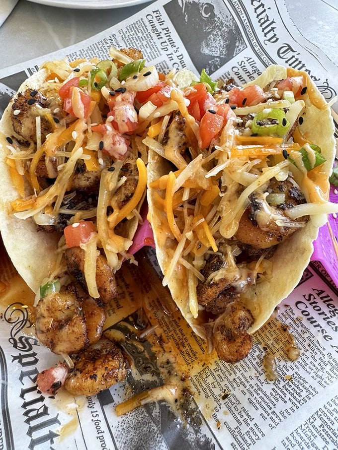 These shrimp tacos aren't just served, they're presented&mdash;a masterpiece of perfectly seasoned Gulf shrimp, fresh slaw, and colorful toppings on a newspaper stage.