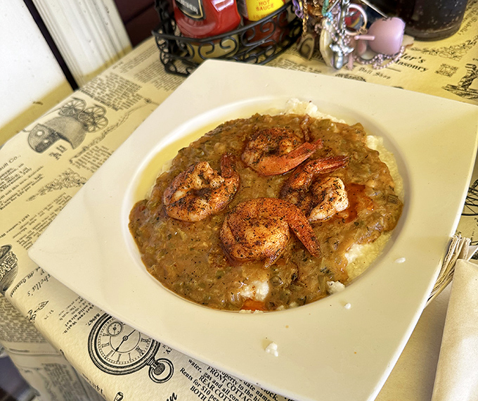 Shrimp and grits that would make a Southerner weep with joy&mdash;plump crustaceans nestled on a creamy bed of comfort that whispers, "Take your time, sugar."