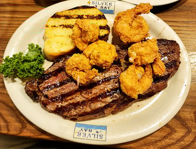 The star of our story: a perfectly seared sirloin topped with golden fried shrimp. Land meets sea in a romance more compelling than any Nicholas Sparks novel.