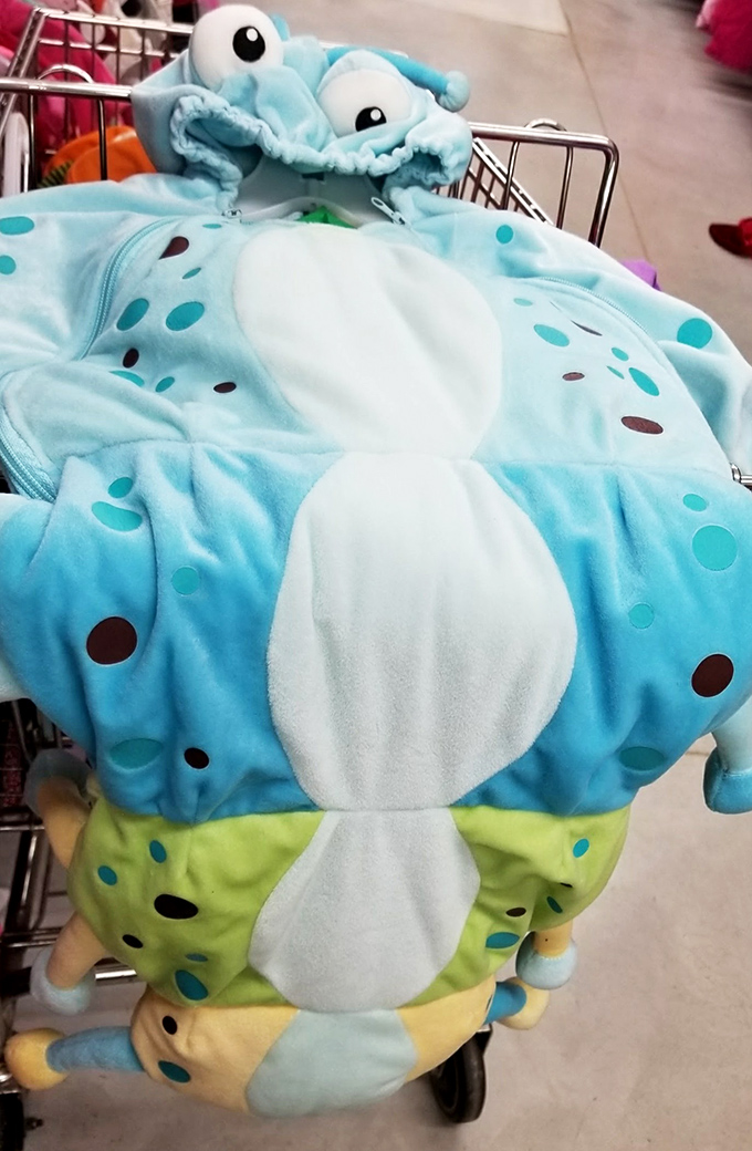 Monster onesies lurking in the children's section. Perfect for both Halloween and those Ohio winter mornings when the heat's on the fritz.