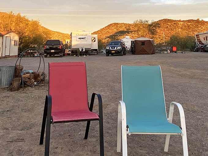 Sunset at Sonoran Skies Campground offers the perfect desert tableau&mdash;colorful chairs inviting you to sit and contemplate life's big questions, like "How early is too early for wine?"