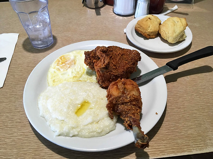 Grits, eggs, and fried chicken &ndash; the holy trinity of breakfast that makes kale smoothies weep with inadequacy.