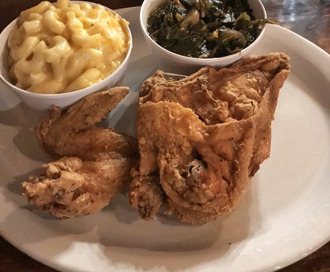 Golden-brown perfection that makes Colonel Sanders weep with jealousy. This fried chicken achieves that mythical balance of crispy exterior and juicy interior.